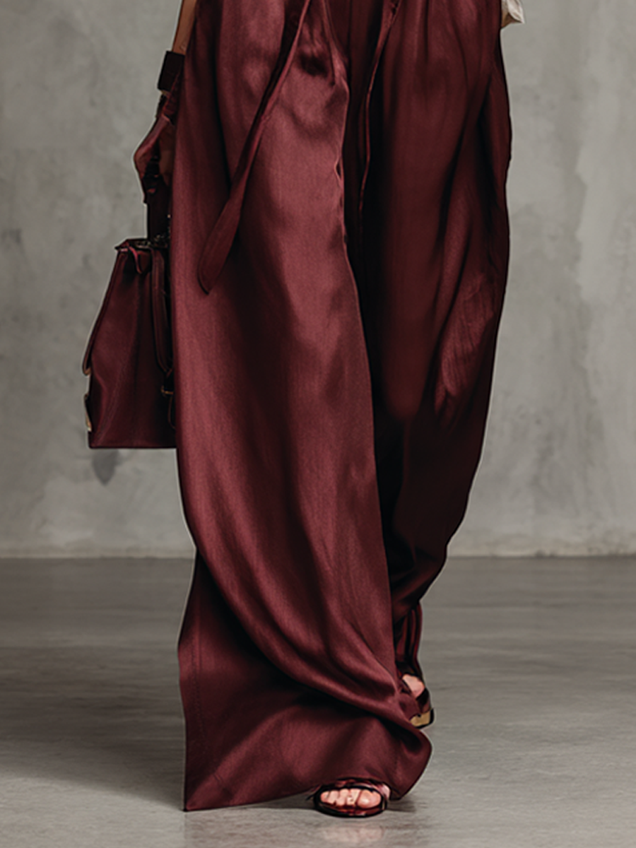Women's Elegant Style Red High-stretch, High-density Satin Wide-leg Tr ...