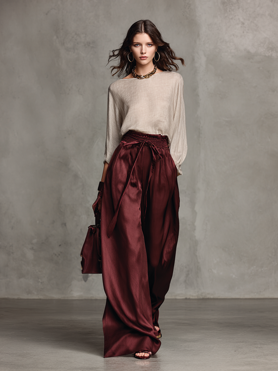 Women's Elegant Style Red High-stretch, High-density Satin Wide-leg Tr ...