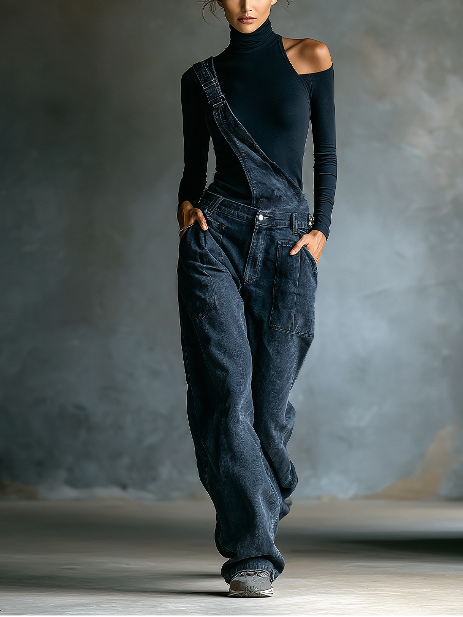 Women's Black Cotton One-shoulder Turtleneck Top And Blue-grey Denim L ...