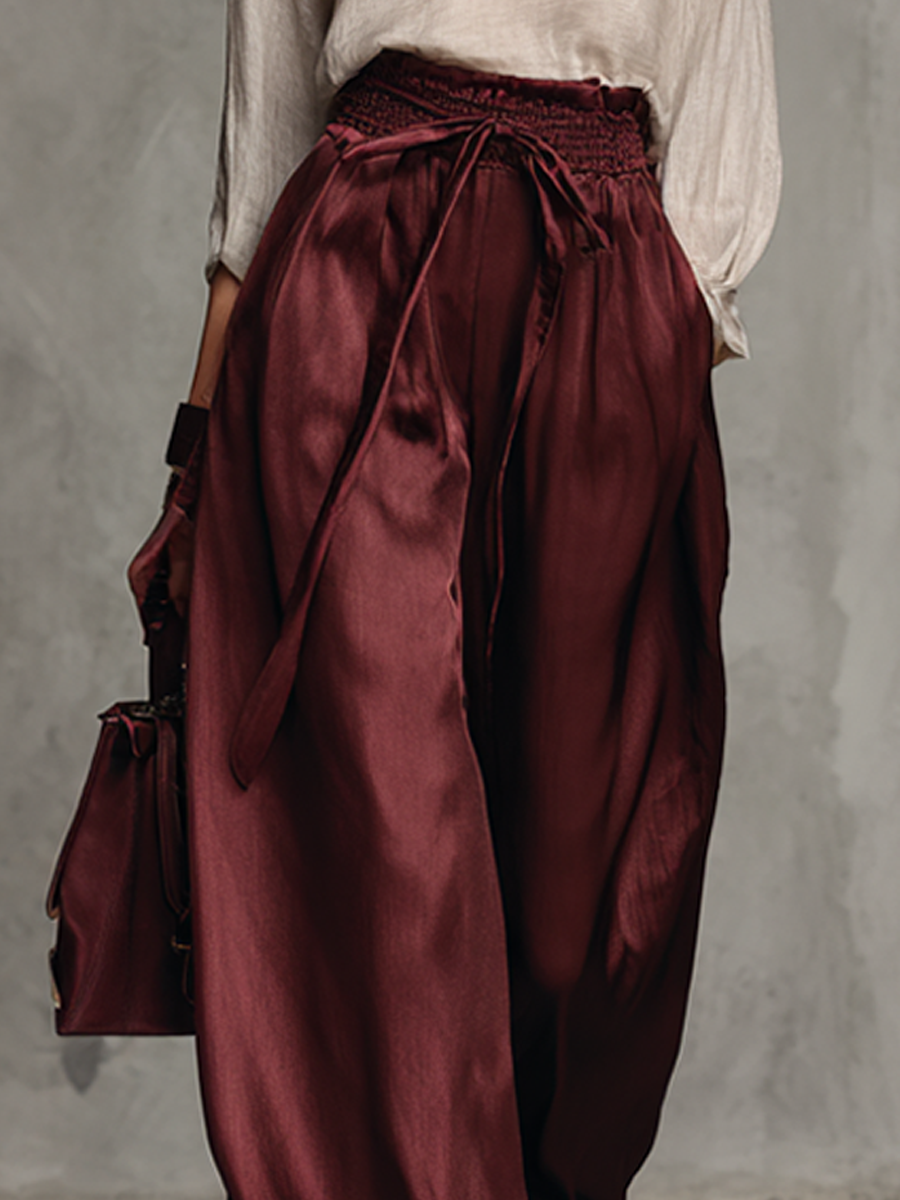 Women's Elegant Style Red High-stretch, High-density Satin Wide-leg Tr ...