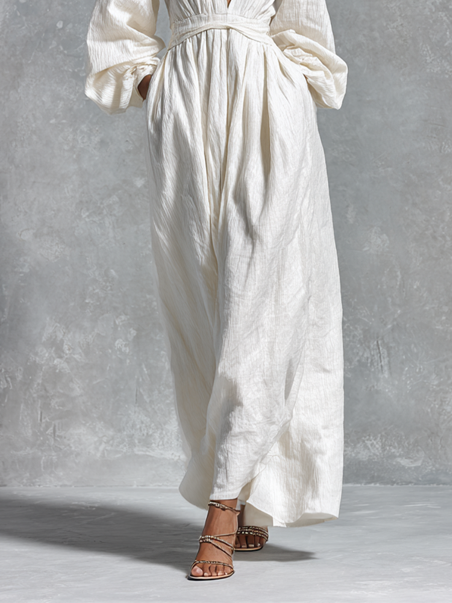 Women's Relaxed-fit White Pure Cotton Long Dress With A Cinched Waist ...