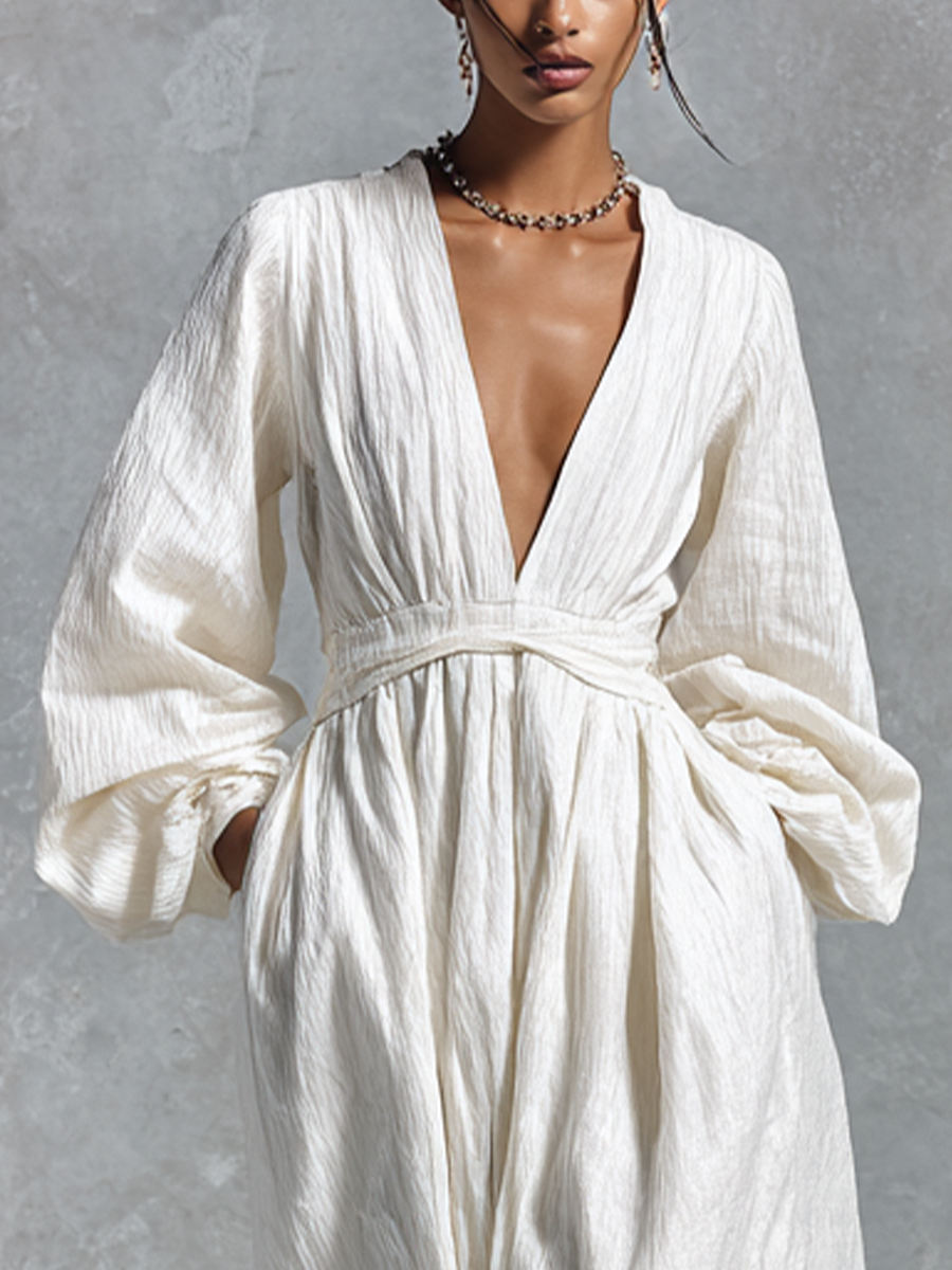 Women's Relaxed-fit White Pure Cotton Long Dress With A Cinched Waist ...